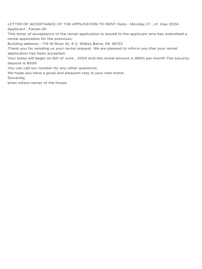 Rental Application Acceptance Letter | PDF