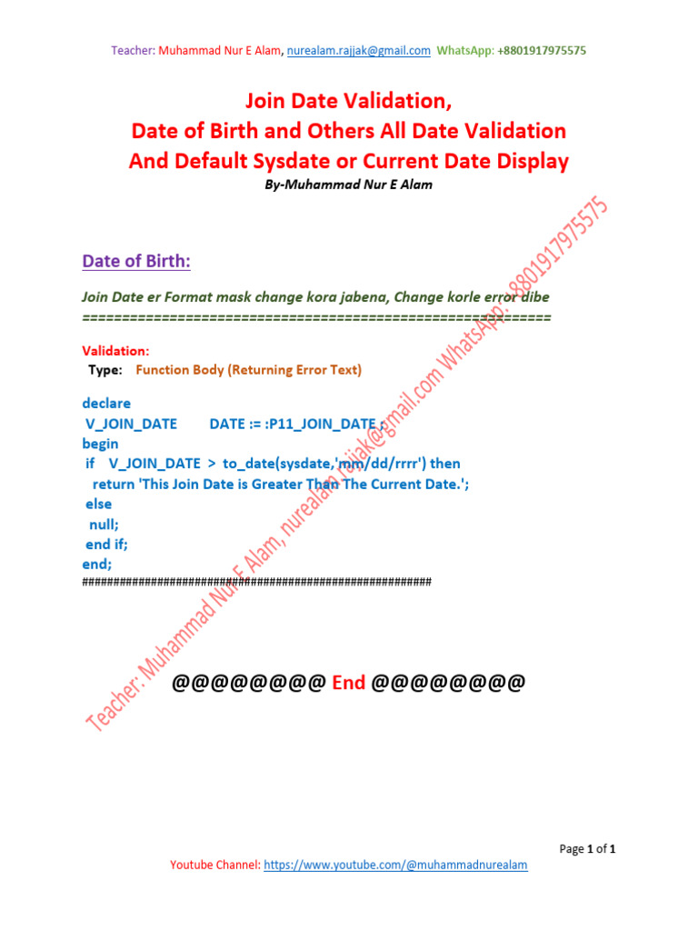 Join Date Validation, Date of Birth, Others All Date Validation, Default Sysdate or Current D | PDF