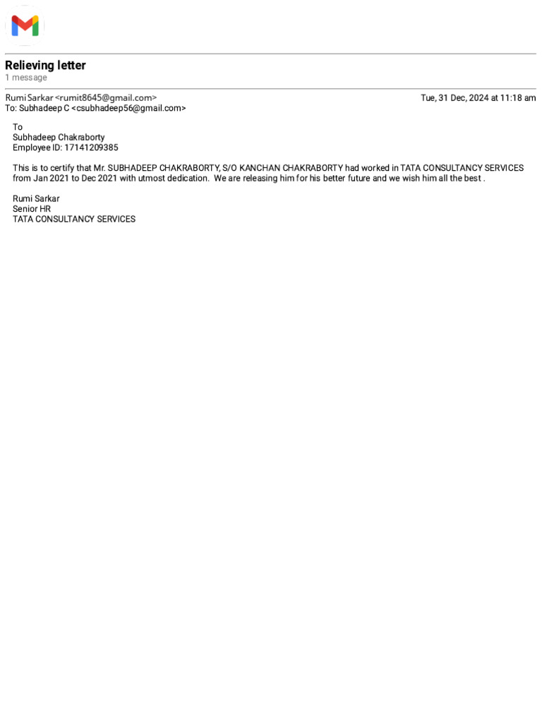 Gmail - Relieving Letter | PDF