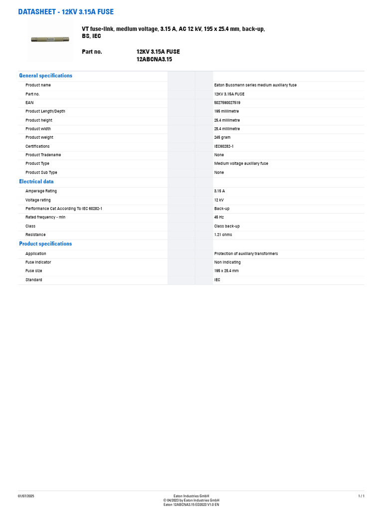 Eaton DS 12ABCNA3.15 12KV - 3.15A - FUSE en - GB 20250107 | PDF | Fuse (Electrical) | Electronic ...