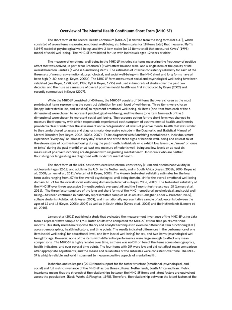 MHC-SF: Validated Mental Health Measure | PDF | Well Being | Psychology