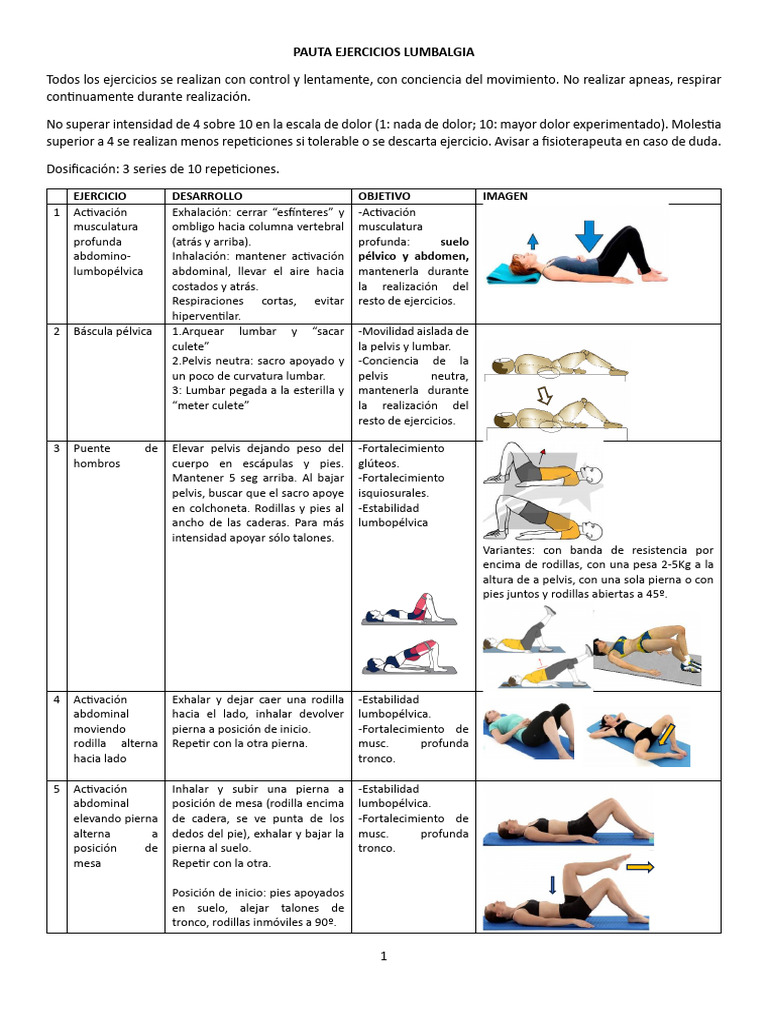 Pauta Ejercicios Lumbalgia 241129 200608 | PDF | Pelvis | Dolor lumbar
