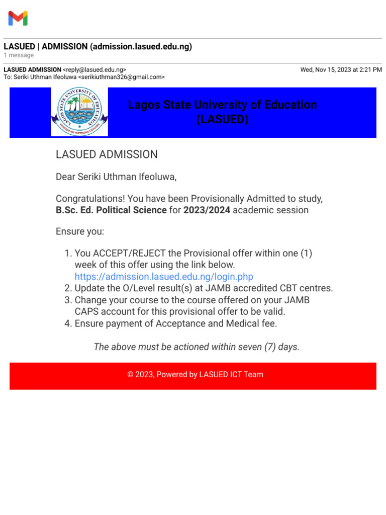 Gmail - LASUED - ADMISSION (Admission - Lasued.edu - NG) | PDF