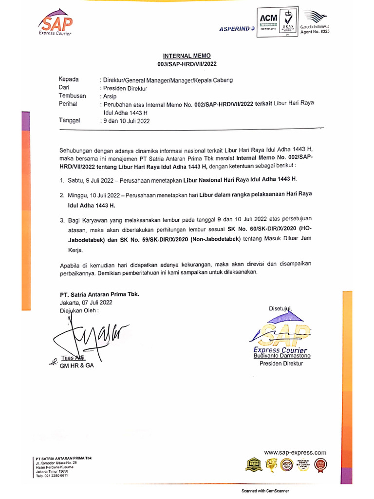 IM - Perubahan Internal Memo terkait Libur Hari Raya Idul Adha 1443 H | PDF