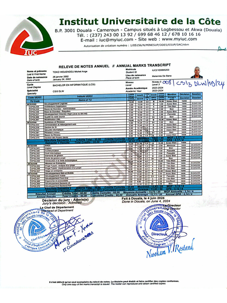 N3 Relevé de Note | PDF