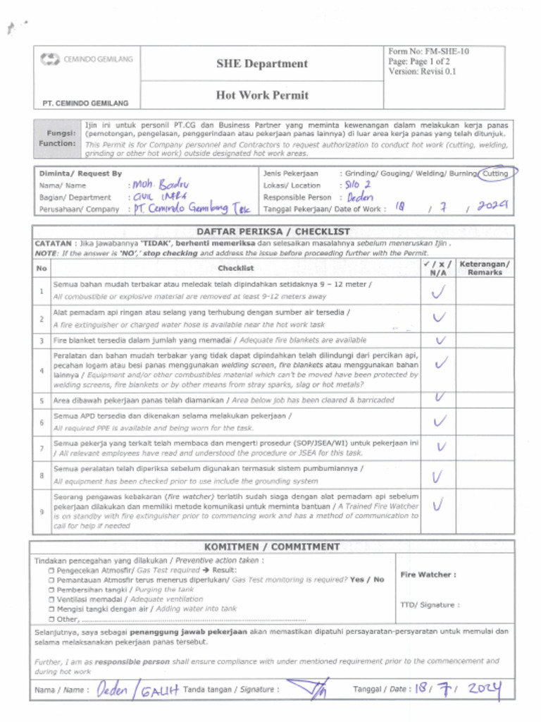 20240718 - Hot Work Permit_Civil | PDF