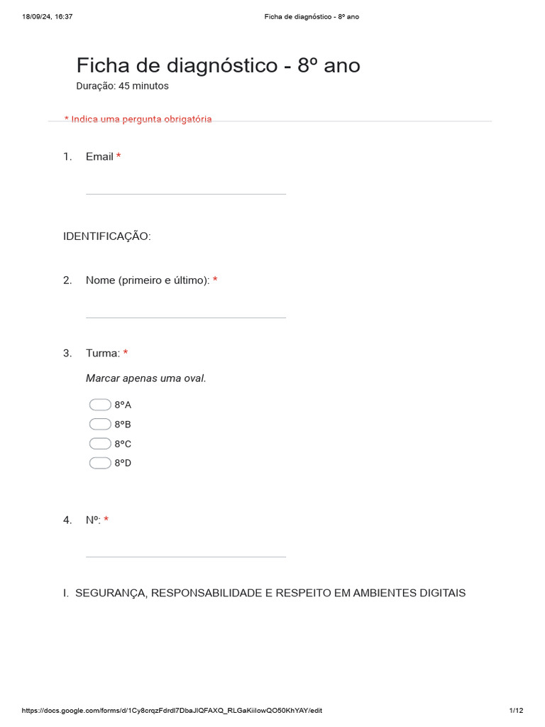 Ficha de Diagnóstico 8º Ano - Google Forms | PDF | PCs (computadores) | Microsoft Windows