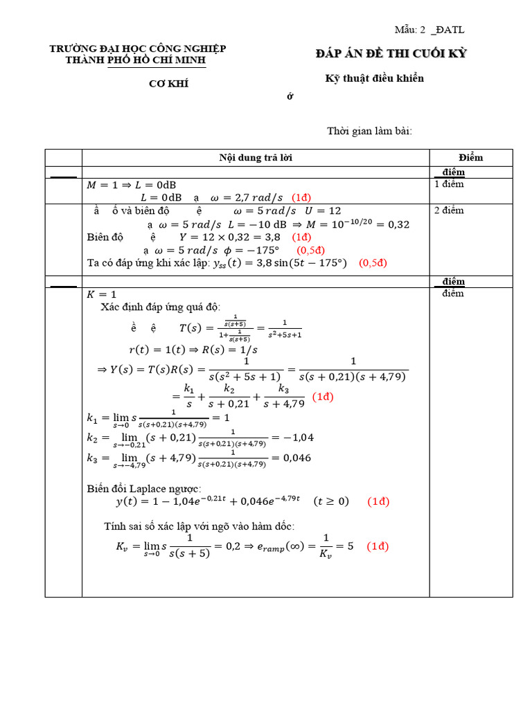Thi Cuoi Ky (Dieu Khien Tu Dong) hk1-2022 - Dap - An | PDF