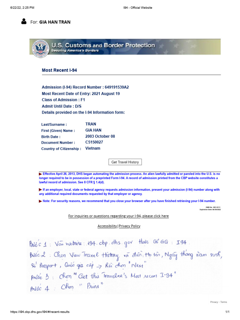 I-94 Admission Record for Gia Han Tran | PDF