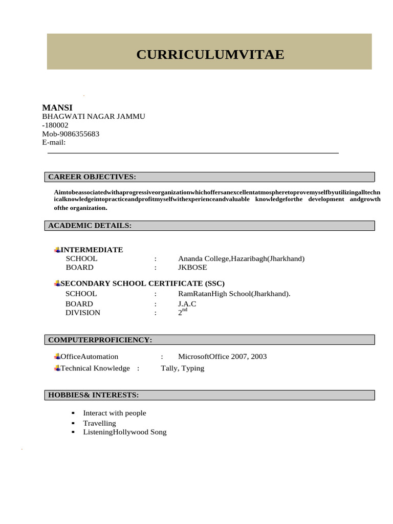 Fresher Resume Format 1 | PDF