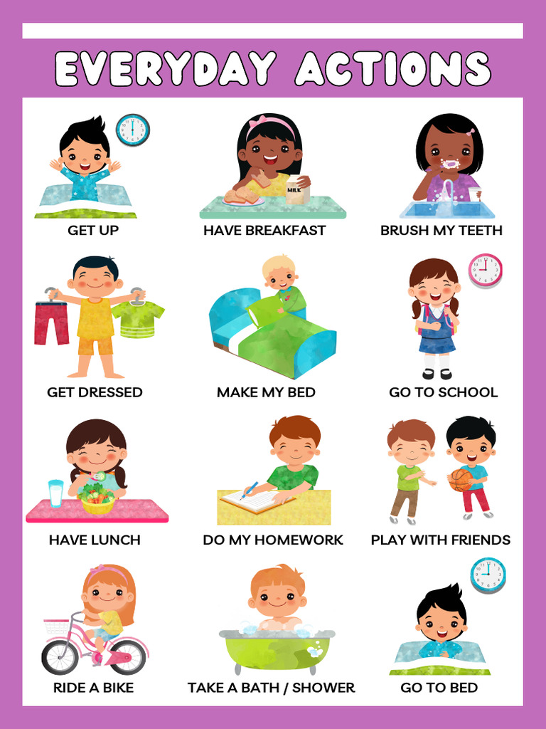 Colourful Illustrative Everyday Actions Daily Routine Picture ...