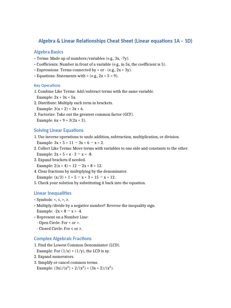 Algebra_Linear_Relationships_Cheat_Sheet | PDF