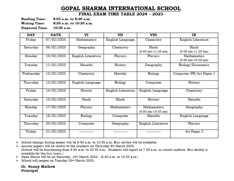 Class 6 Final Exam Timetable 2025 | PDF