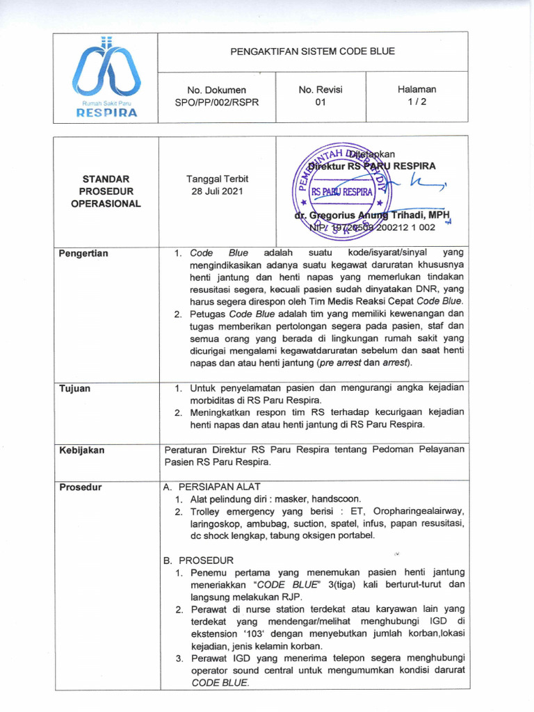 SPO PP 002 Rev 01 Pengaktifan Sistem Code Blue | PDF