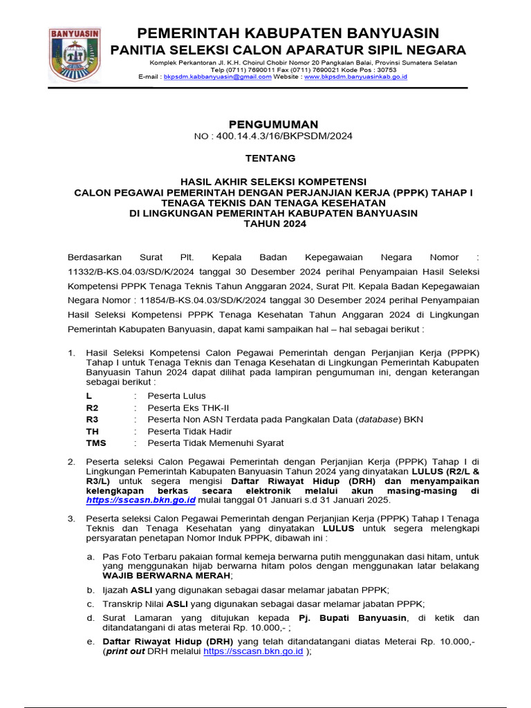 PENGUMUMAN-HASIL-SELEKSI-KOMPETENSI-PPPK-TAHAP-I-TENAGA-TEKNIS-DAN-TENAGA-KESEHATAN-2024 | PDF