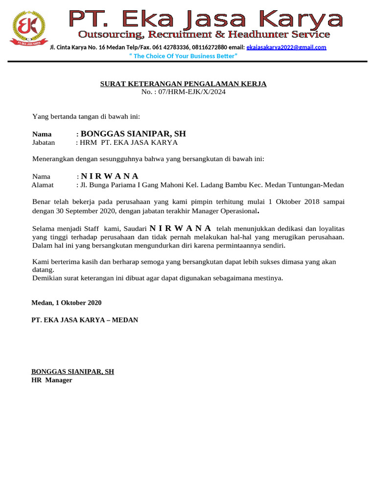 Surat Keterangan Pengalaman Kerja N. Irwana | PDF