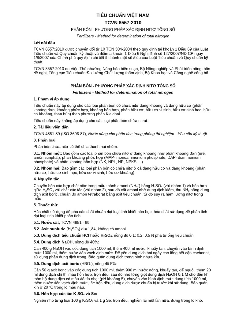TCVN 8557 2010 Phân bón - Phương pháp xác định nitơ tổng số | PDF