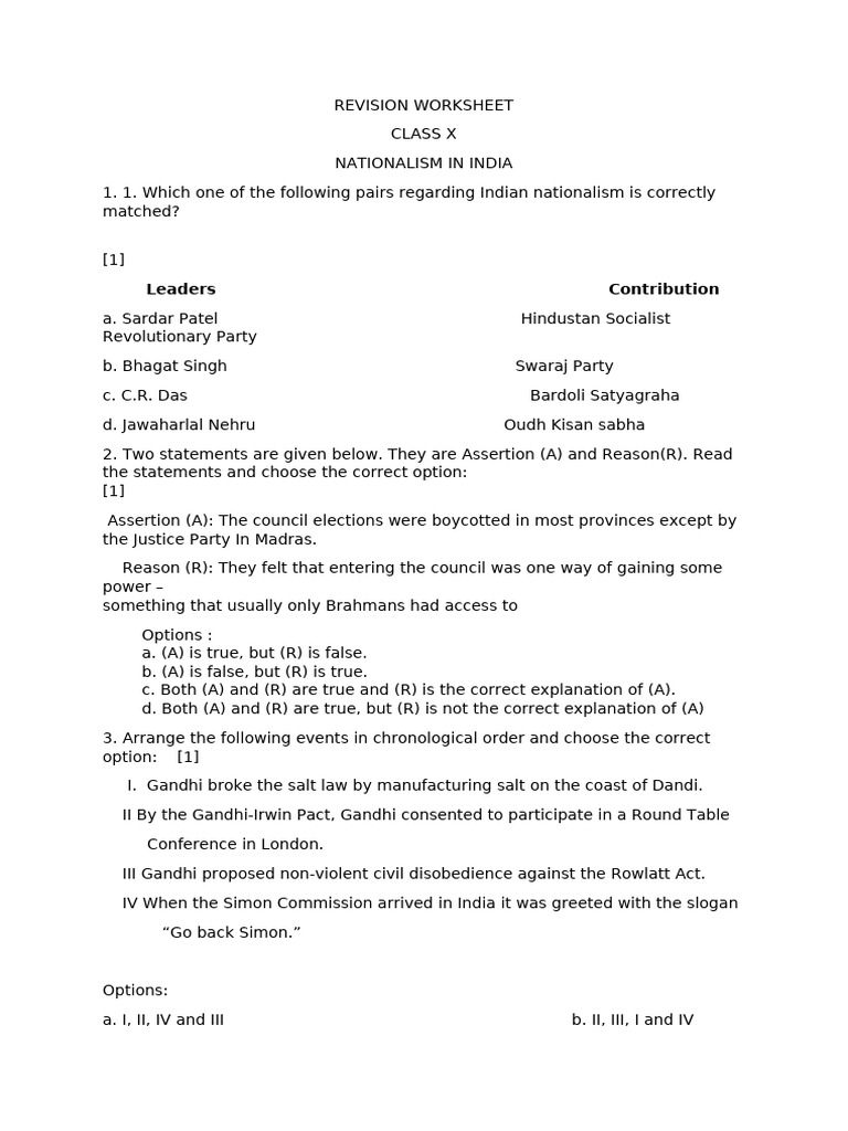 REVISION WORKSHEET 10 Nationalism in India | PDF | Mahatma Gandhi ...