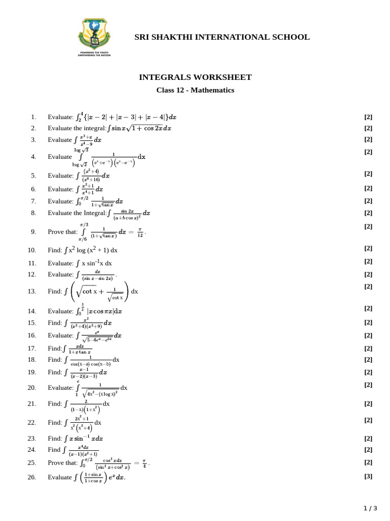 Class 12 Integrals Worksheet | PDF | Area | Euclidean Plane Geometry