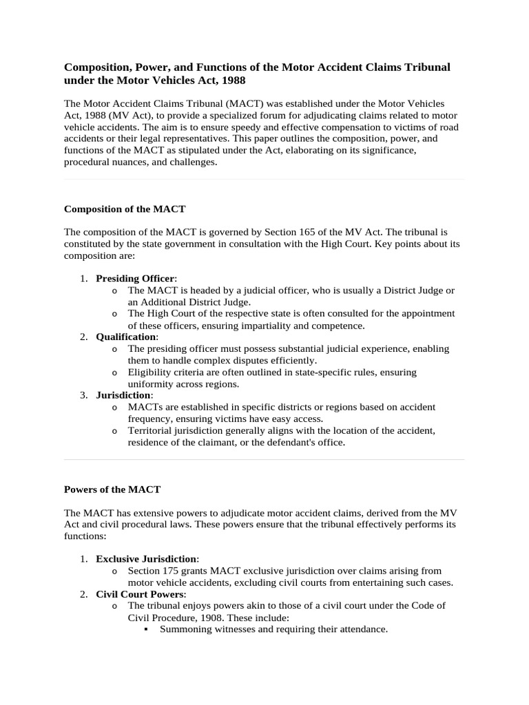 MACT: Structure and Functions Explained | PDF | Damages | Tribunal