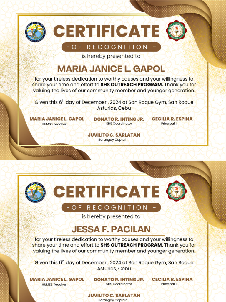 Certificate For SHS Outreach | PDF