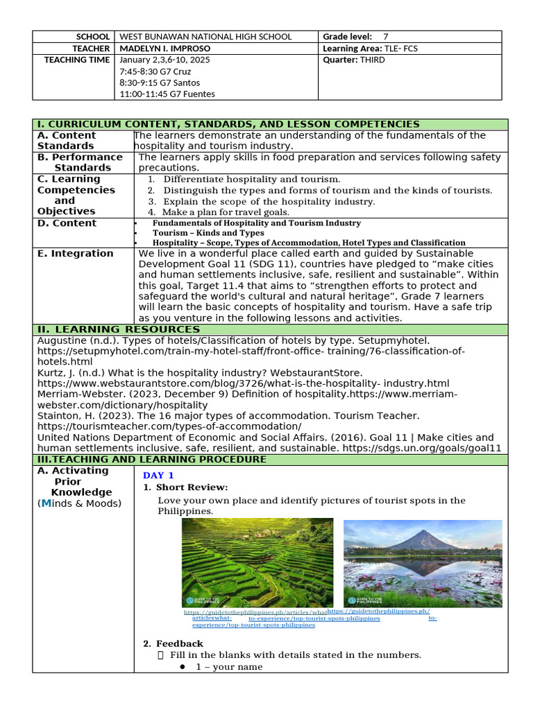 Grade 7 Hospitality & Tourism Basics | PDF | Tourism | Teachers