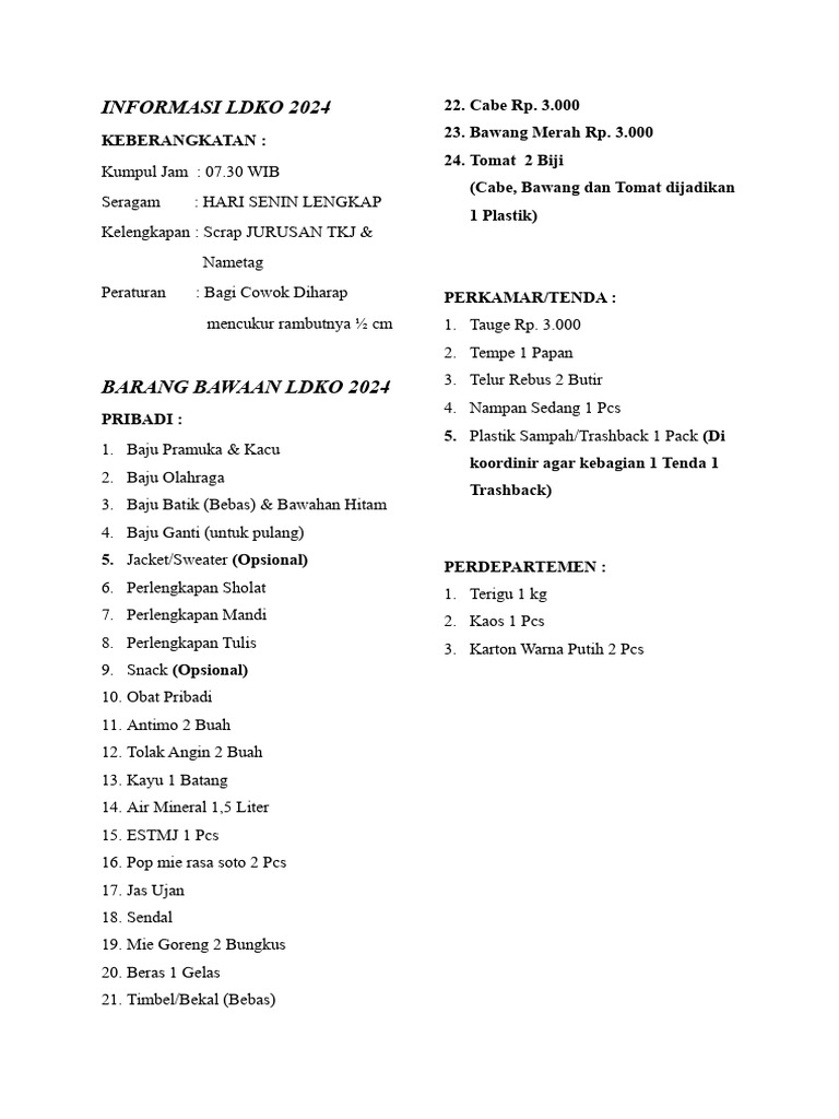 Persiapan LDKO 2024: Barang dan Aturan | PDF