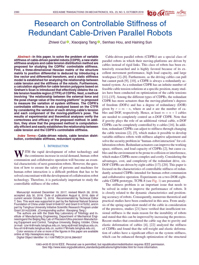 Research On Controllable Stiffness Of Redundant Cable Driven Parallel Robots Pdf Matrix