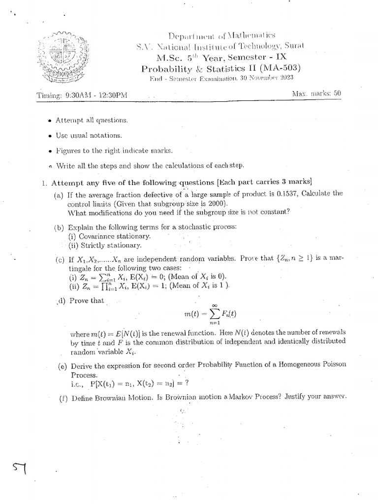 M.SC 5 - Sem 9 - MA503 Probability & Statistics - II - End Sem - Dec 2023 | PDF