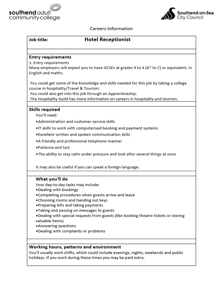 Hotel Receptionist Career Guide | PDF