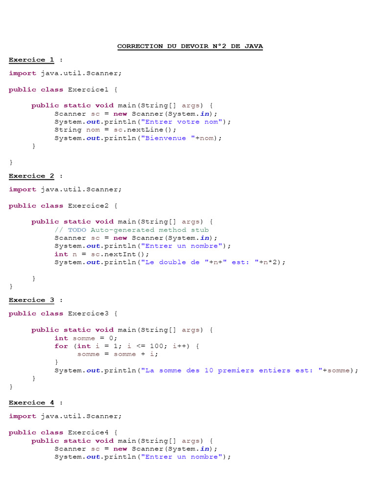 Correction Devoir Java : Exercices Pratiques | PDF | Programmation ...
