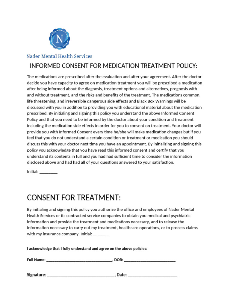 Informed Consent For Medication and Treatment Policy | PDF