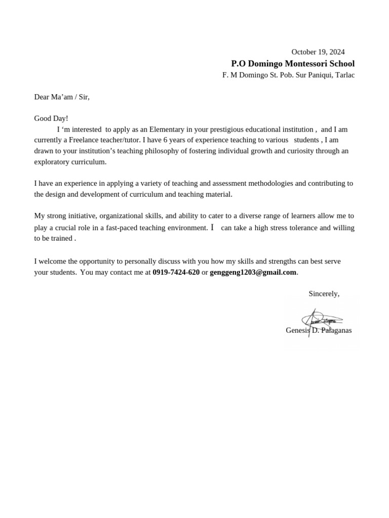 Application for Elementary Teacher Position | PDF