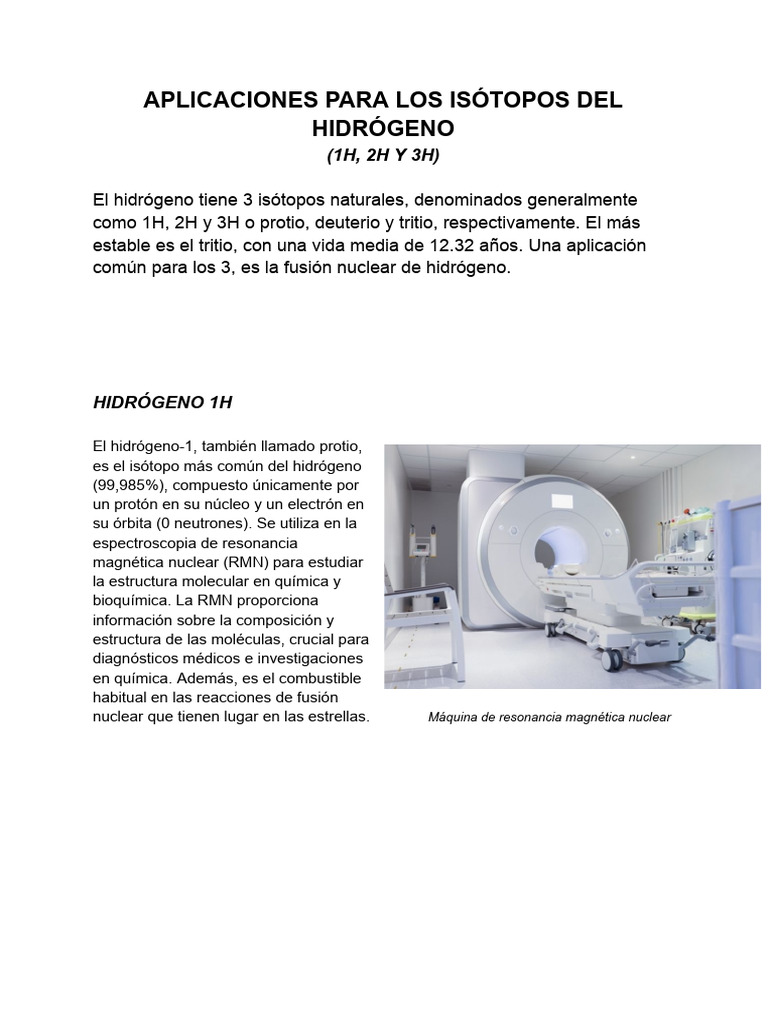 Aplicaciones para Los Isótopos Del Hidrógeno | PDF | Isótopo | Hidrógeno