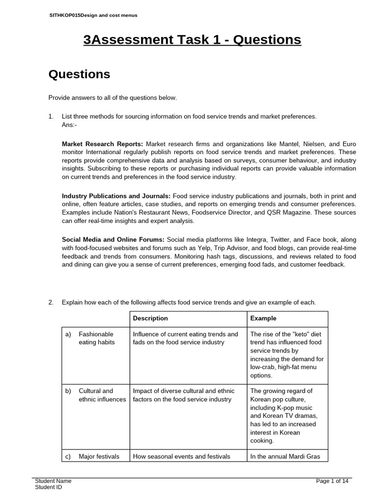 Student Work SITHKOP015 Design and Cost Menus | PDF | Menu | Entrée