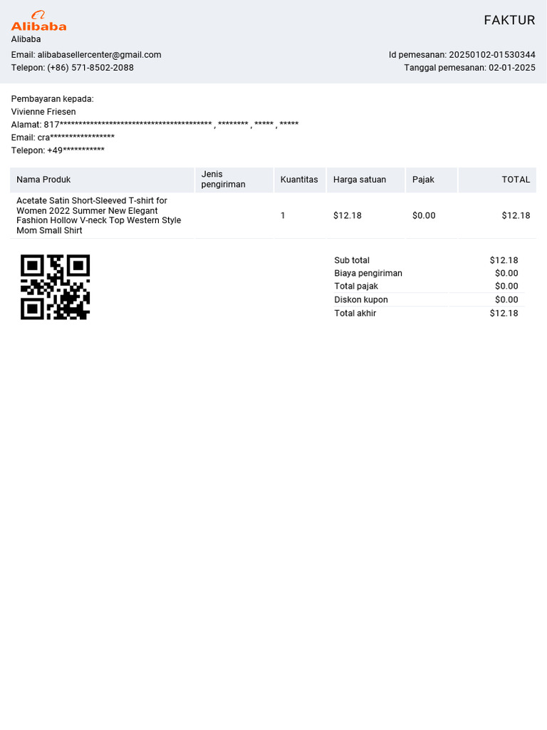 Alibaba Invoice for Women's T-shirt | PDF