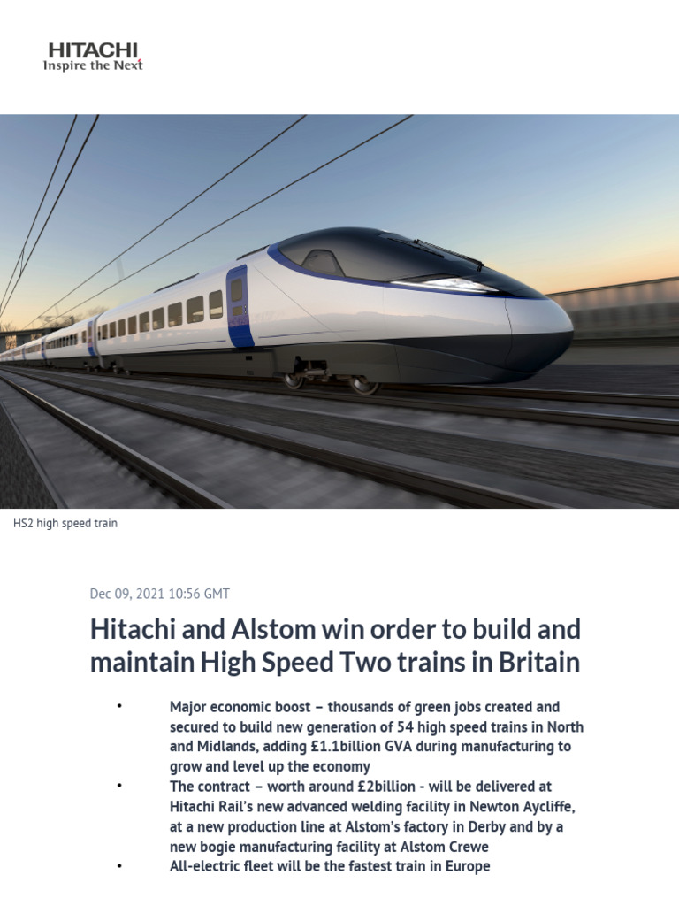 Hitachi and Alstom Win Order To Build and Maintain High Speed Two ...