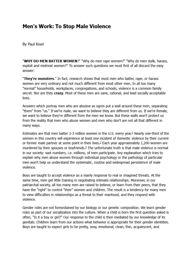 Mens Work To Stop Male Violence Paul Kivel | PDF | Violence | Sexism