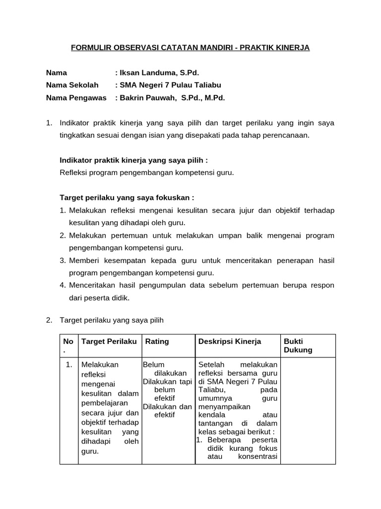Formulir Observasi Catatan Mandiri - Praktik Kinerja | PDF