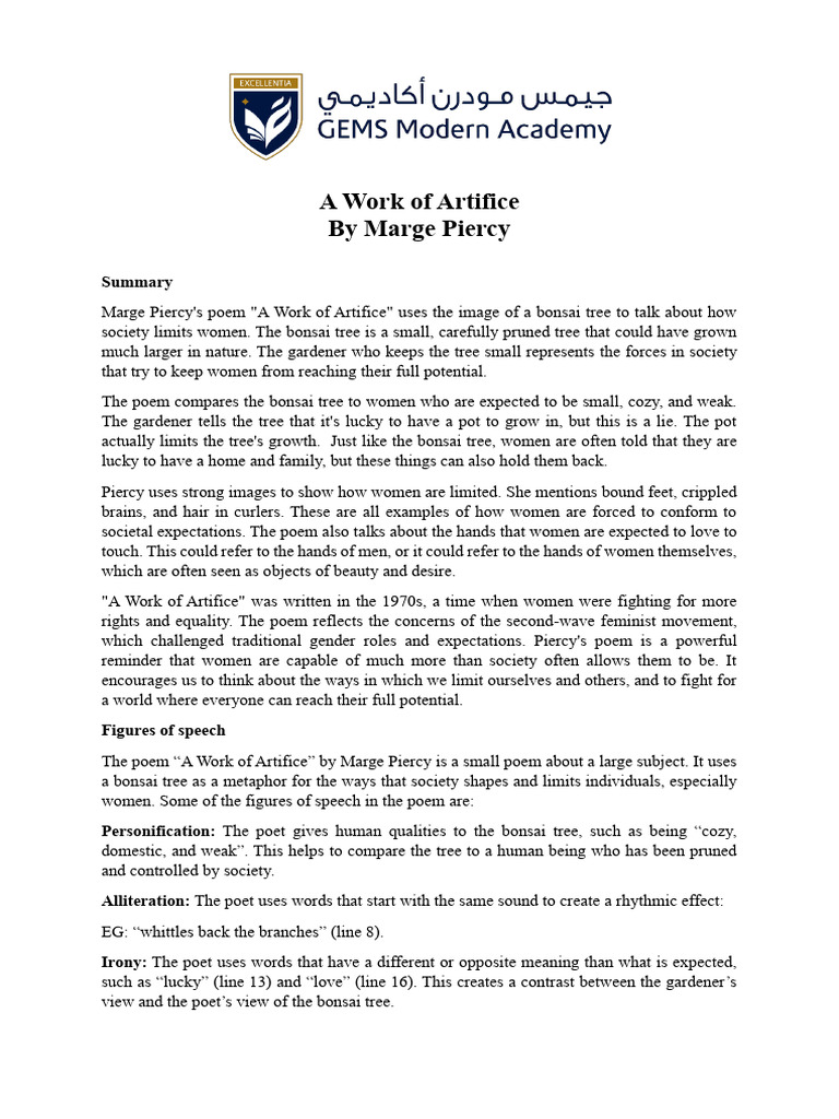 A Work of Artifice NOTES | PDF | Poetry | Gender Equality