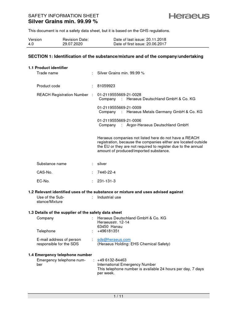 Silver Granules Safety Information Sheet en | PDF | Toxicity | Dangerous Goods