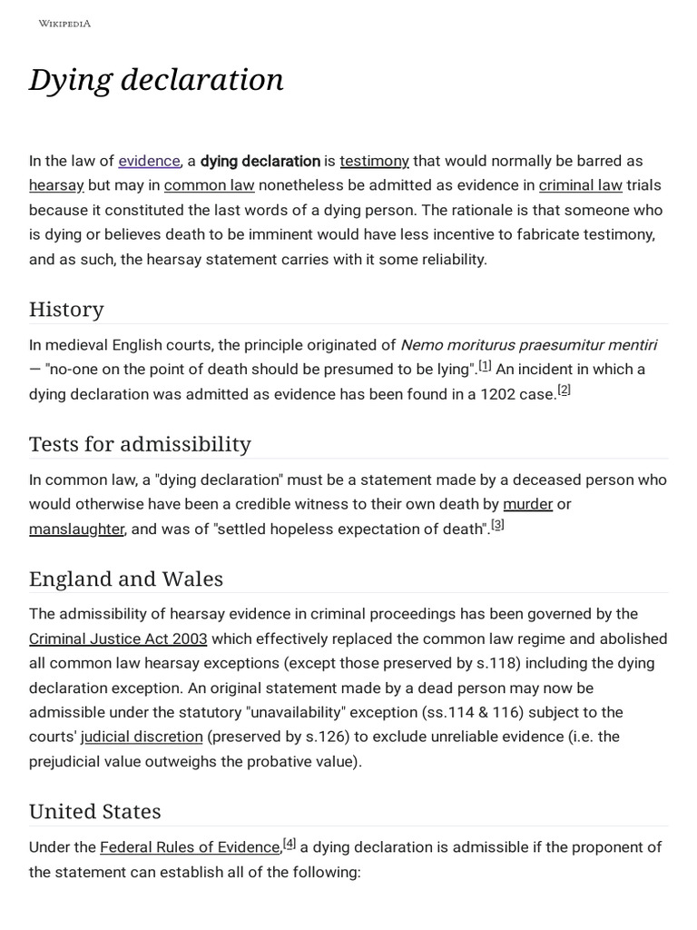 Dying Declaration - Wikipedia | PDF | Hearsay | Criminal Justice