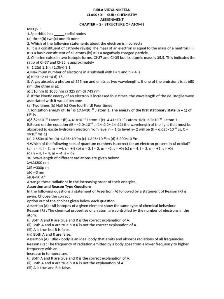 ASSIGNMENT-STRUCTURE OF ATOM | PDF | Atomic Orbital | Electron Configuration