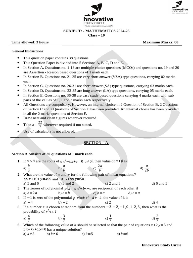 Sample Mathematics Question Paper - 2 | PDF | Zero Of A Function ...