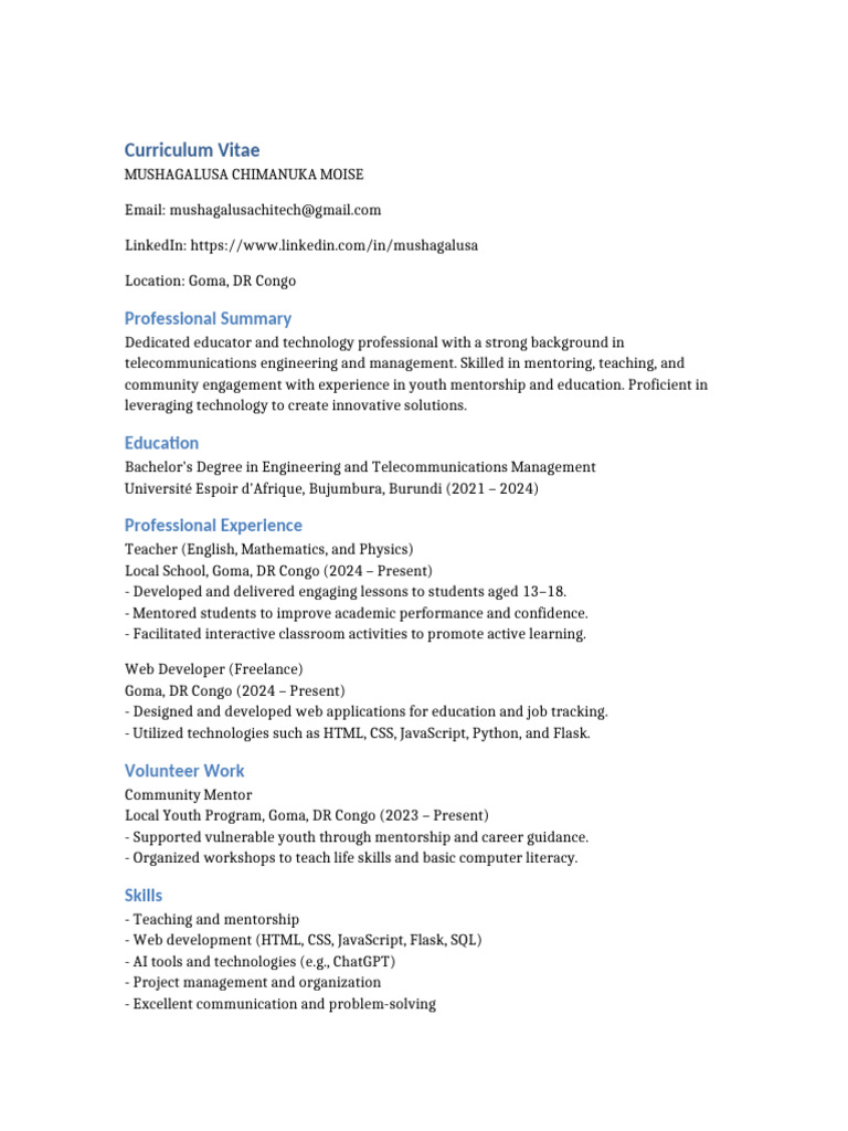MUSHAGALUSA_CHIMANUKA_MOISE_CV | PDF