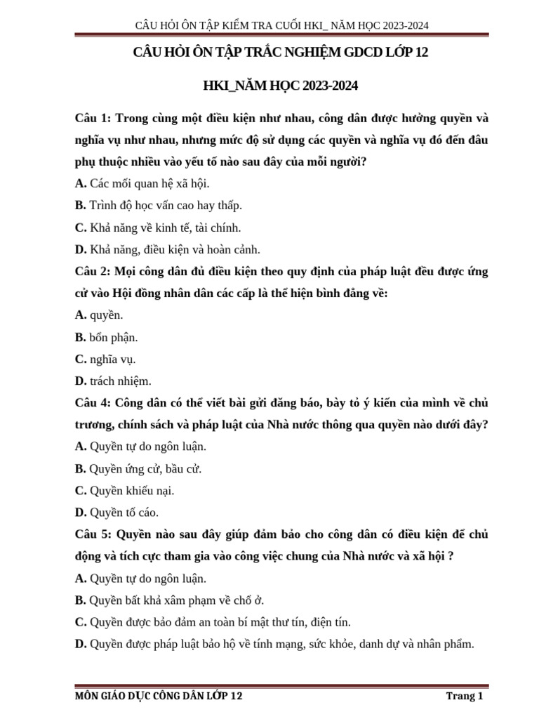 CÂU HỎI ÔN TẬP_2023 - 2024_CUỐI HỌC KỲ I_GDCD 12 | PDF
