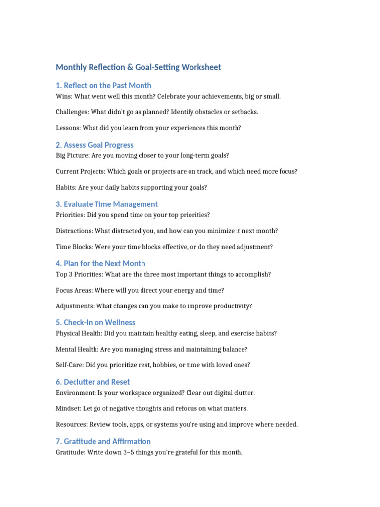 Monthly Reflection Worksheet | PDF