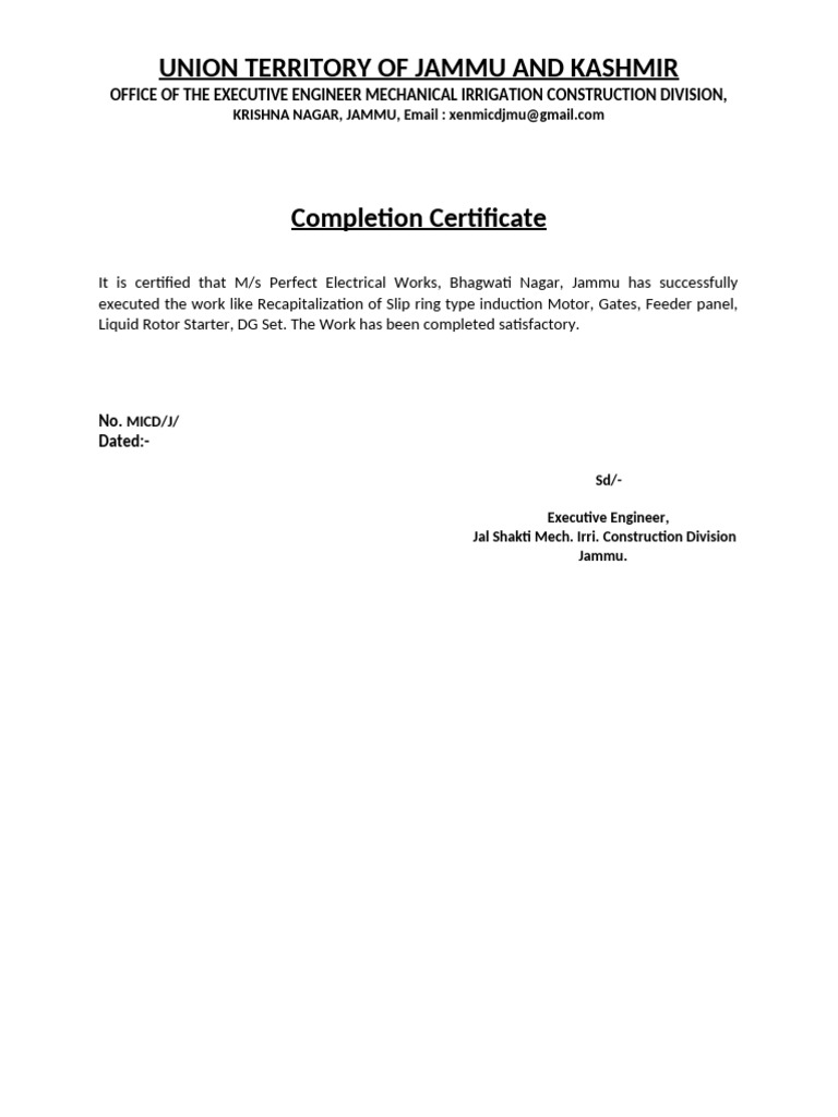 Completion Certificate for Electrical Works | PDF