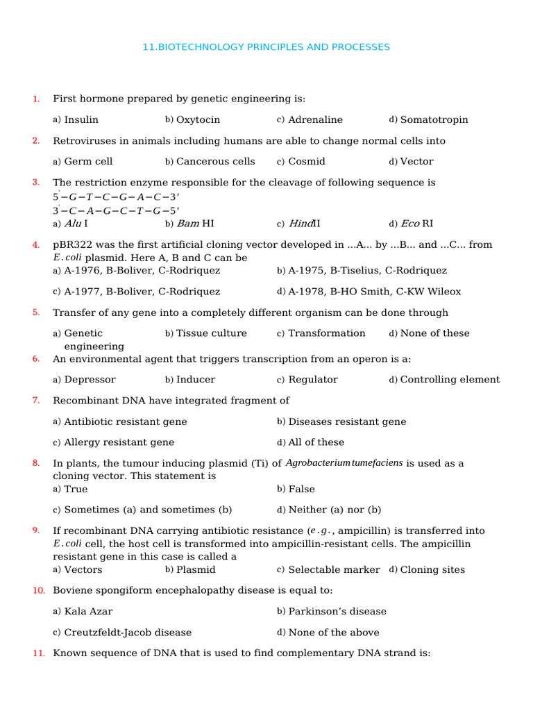 11 Biotechnology Principles and Processes - Questions | PDF | Molecular Cloning | Polymerase ...