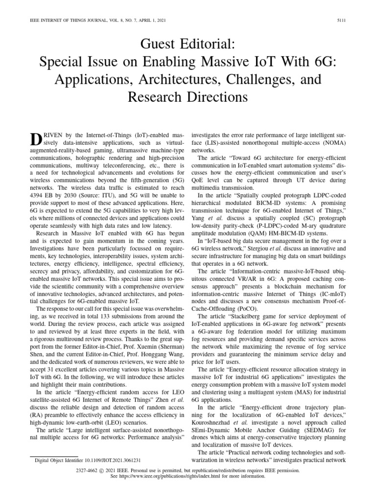 Guest Editorial Special Issue On Enabling Massive IoT With 6G Applications Architectures ...